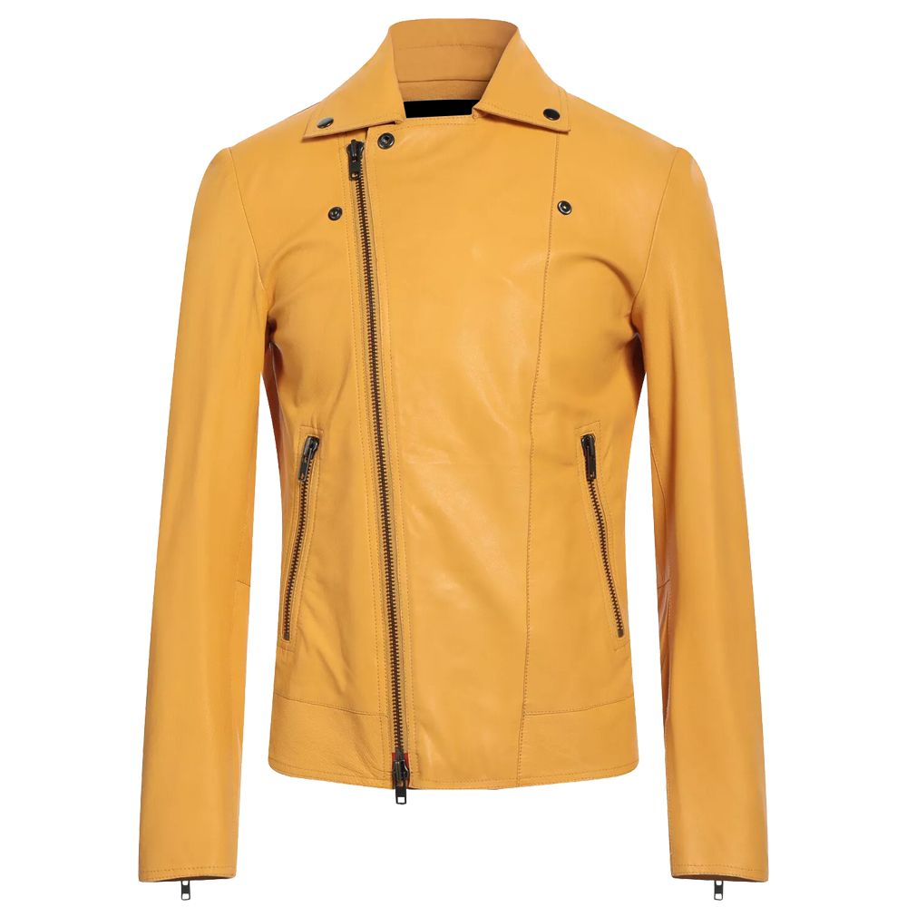 Men Slim Fit Yellow Zip-Up Leather Jacket – Jacket Hunt